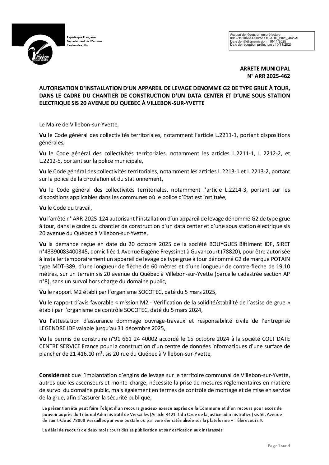 ARR-2025-462 Arrêté autorisant l’installation d’un appareil de levage dénommé G… – Bienvenue à ...