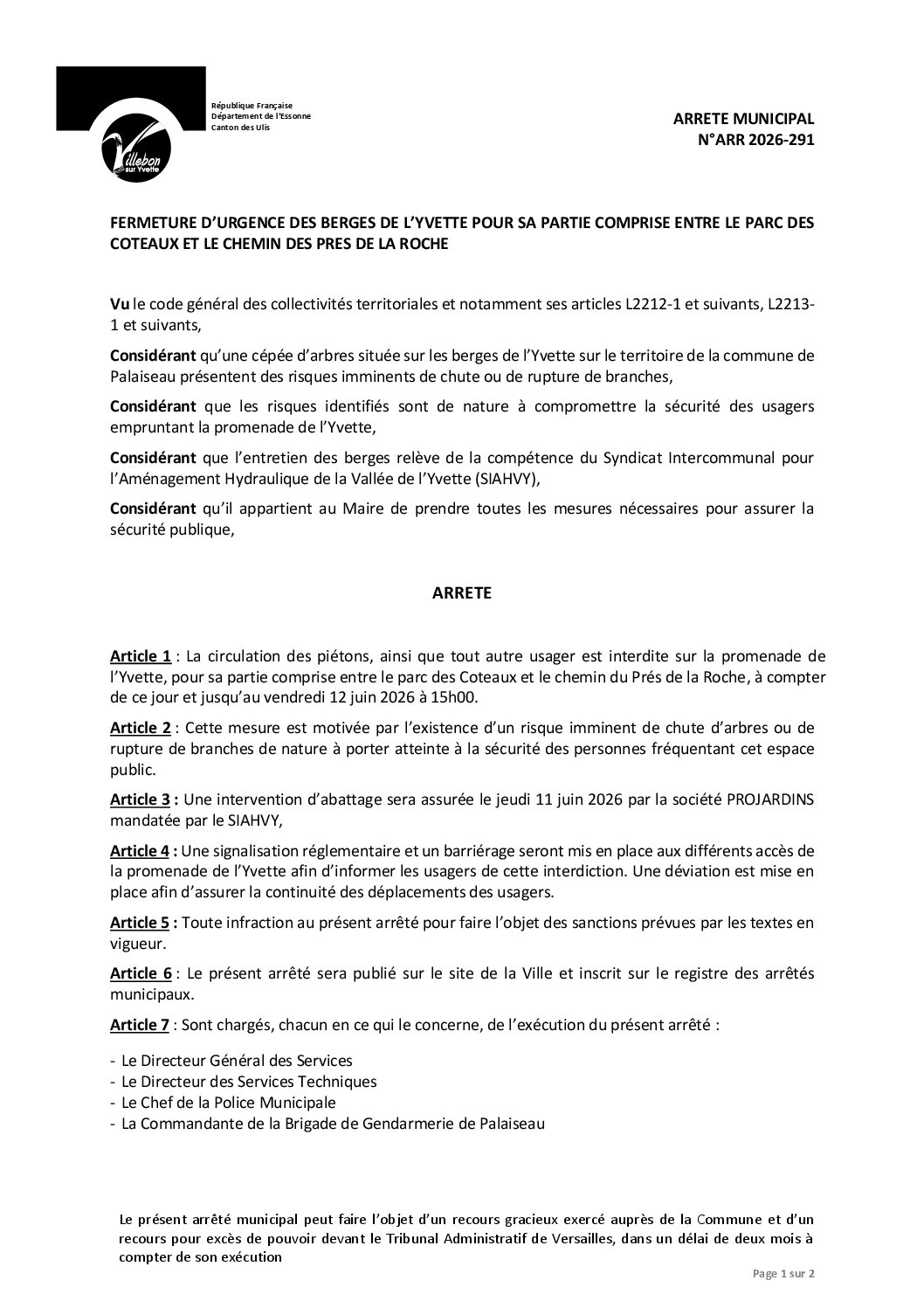 ARR-2026-291 Fermeture d’urgence des berges des l’Yvette pour sa partie ...